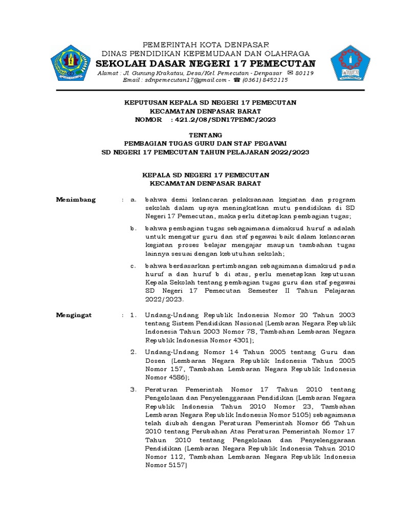 SK Pembagian Tugas 2022-2023 | PDF