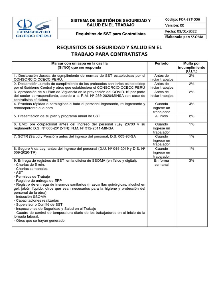 FOR-SST-006 - Requisitos de SST para Contratistas | PDF