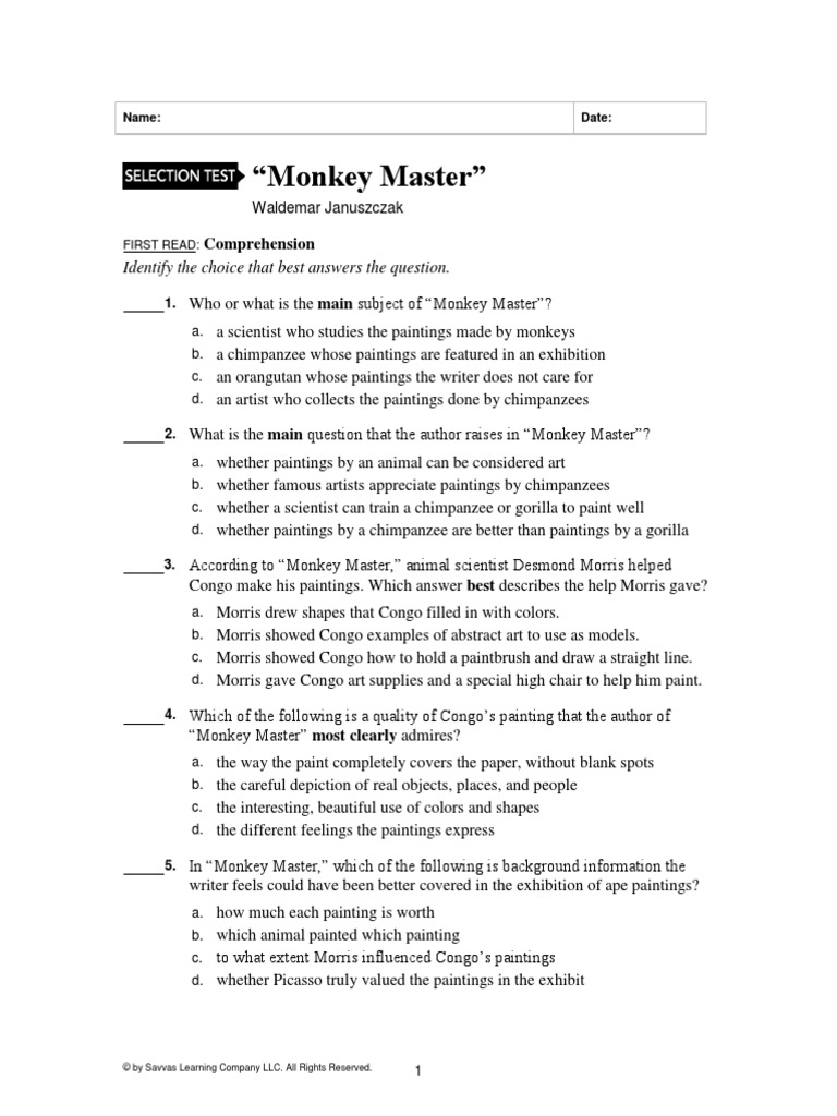 Monkey Master Reading Comprehension | PDF | Paintings | Monkey