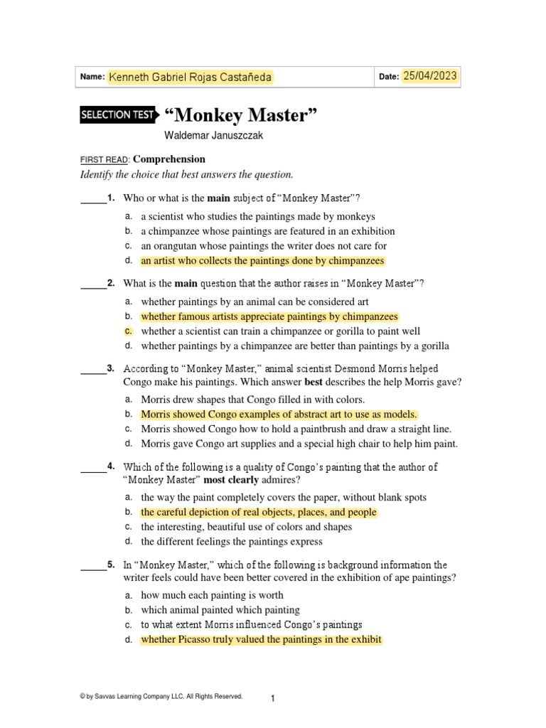 Monkey Master Reading Comprehension Finish | PDF | Paintings | Monkey