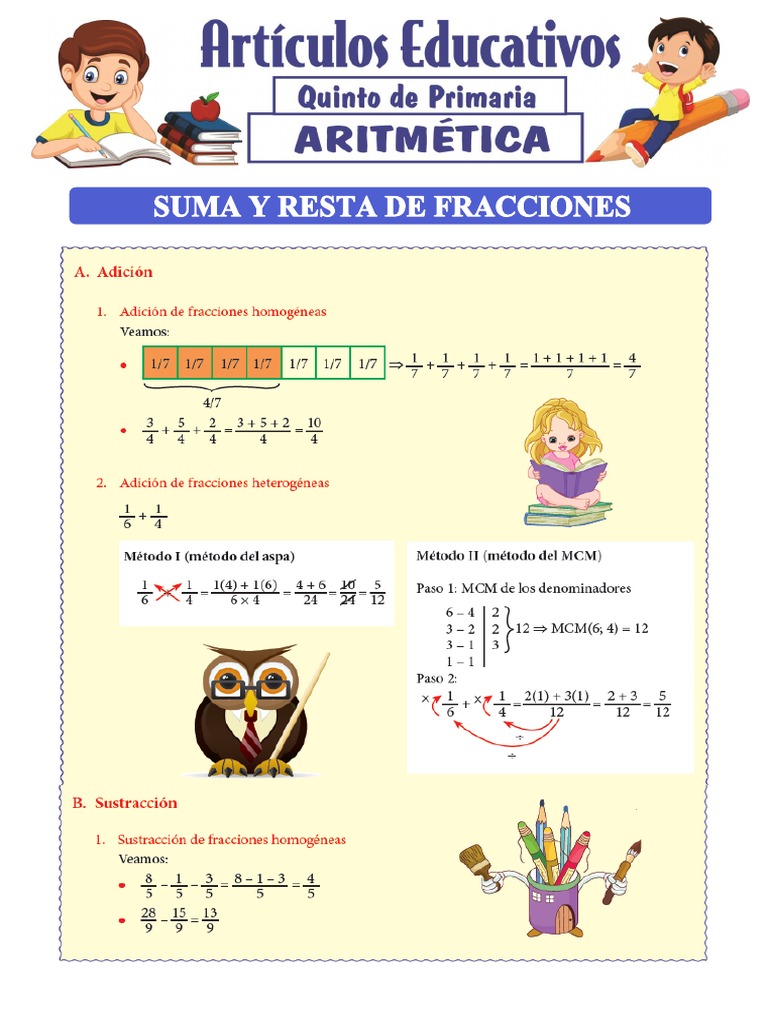 Fichas de Suma y Resta de Fracciones para Quinto de Primaria | PDF