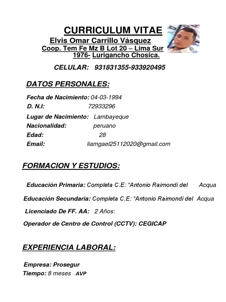 Curriculum Vitae: Elvis Omar Carrillo Vásquez | PDF