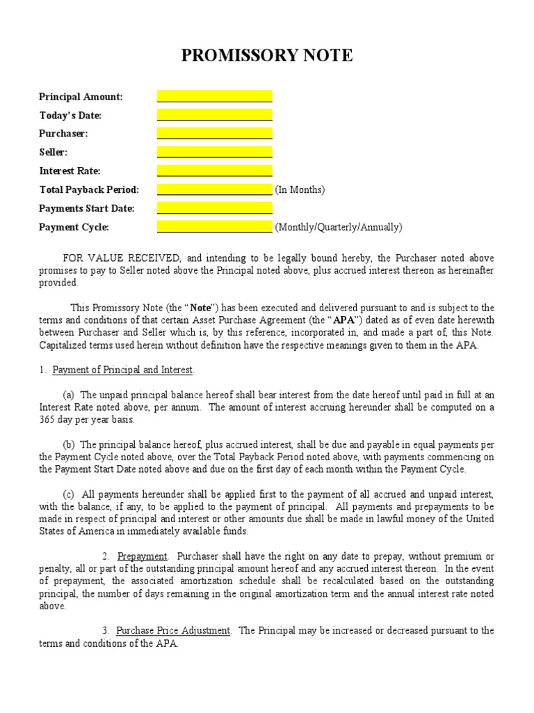 Promissory Note (Simple Template For Asset Sale) | PDF