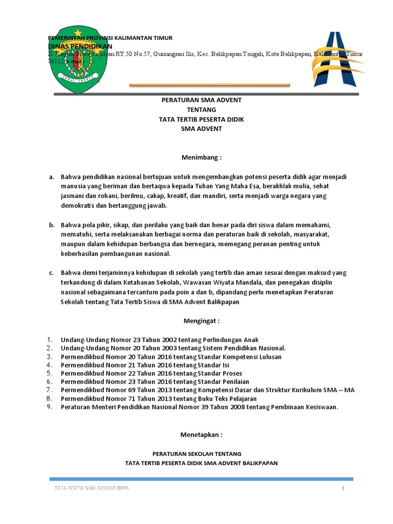 Tatib Dan Penegakkannya SMA Advent No 1 Ms Bella | PDF