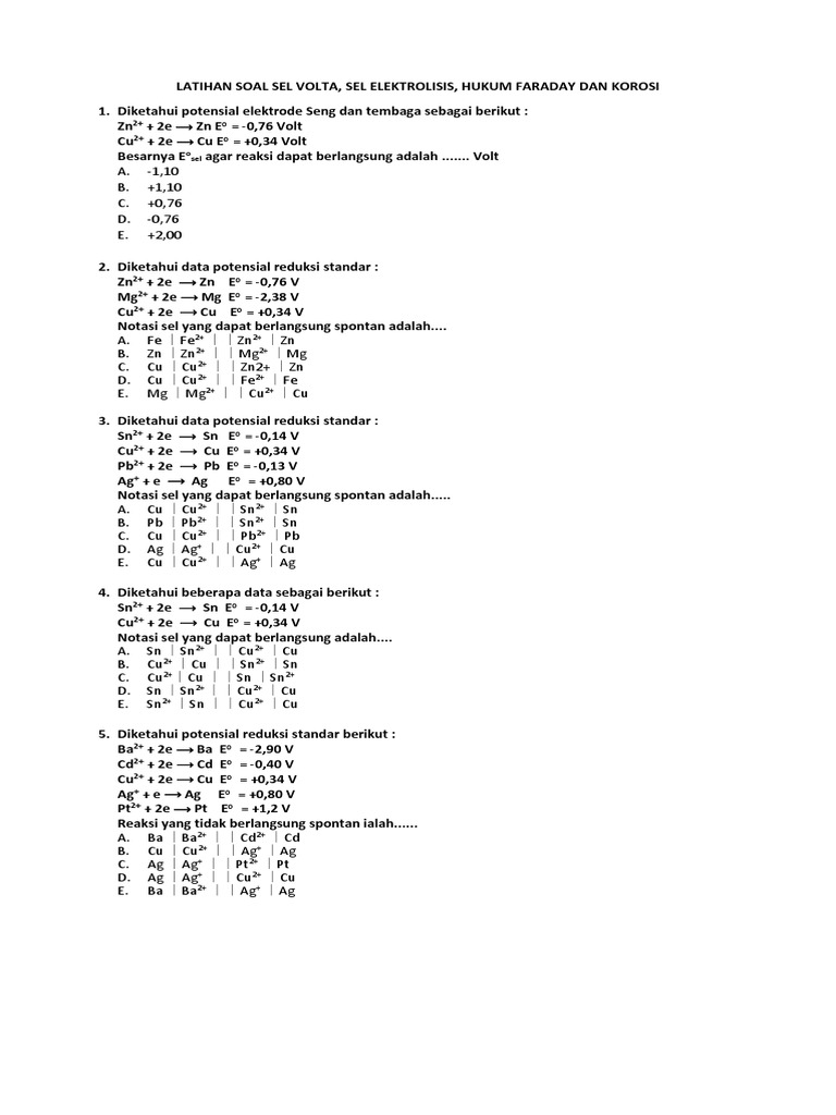 Latihan Soal Pas Sel Volta, Sel Elektrolisis, Hukum Faraday, Korosi | PDF