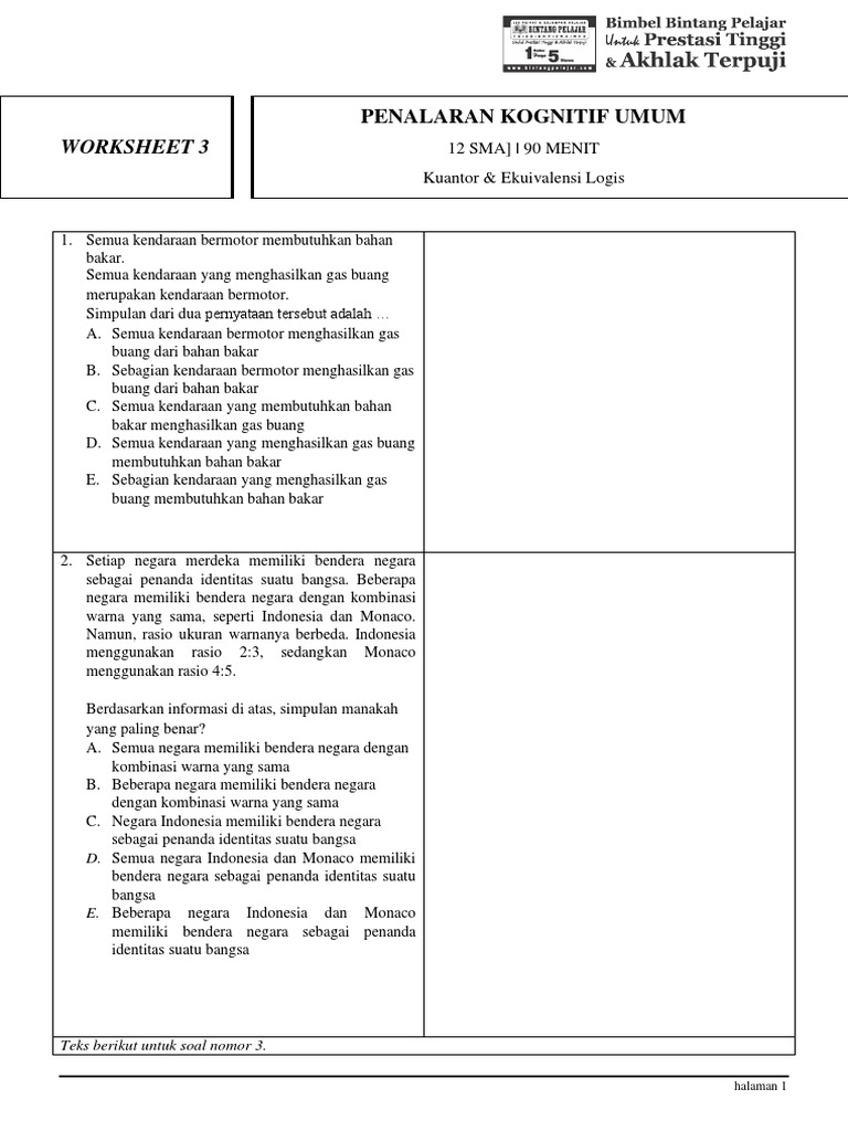 Penalaran Kognitif Umum - SMAN 7 Bogor Worksheet 3 (Kuantor - Ekuivalensi Logis) | PDF