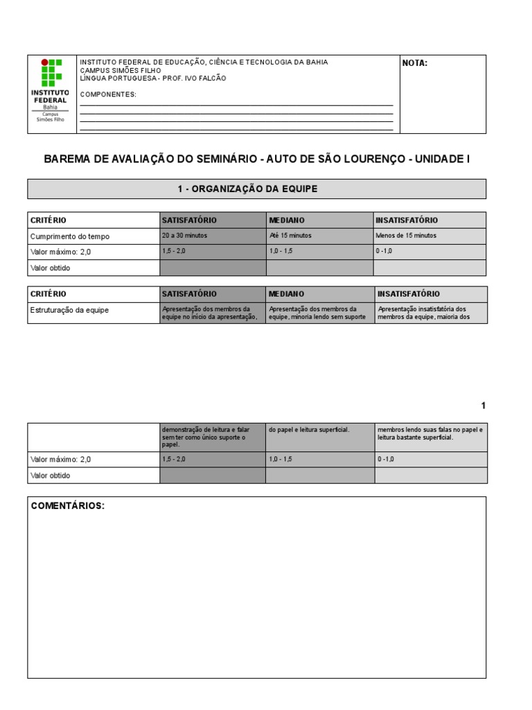 Rubrica - Barema de Avaliação | PDF