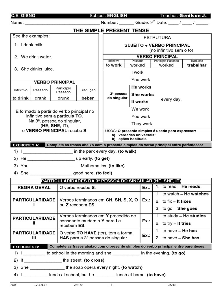 9th Grade The Simple Present Tense Food | PDF