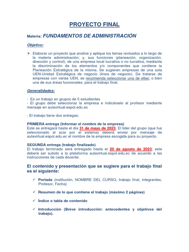 Modelo de Proyecto Final - Administración 2023 | PDF