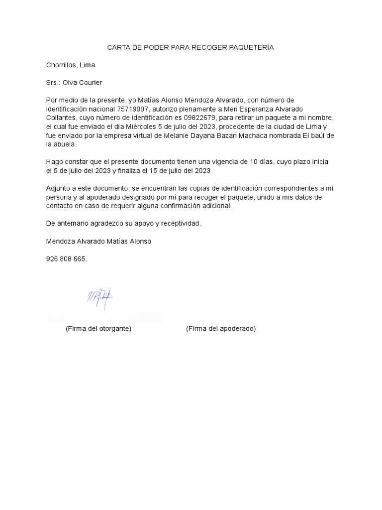 Carta De Poder Para Recoger Paquetería Pdf