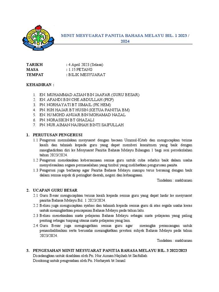 minit mesyuarat 1 2023 2024 | PDF