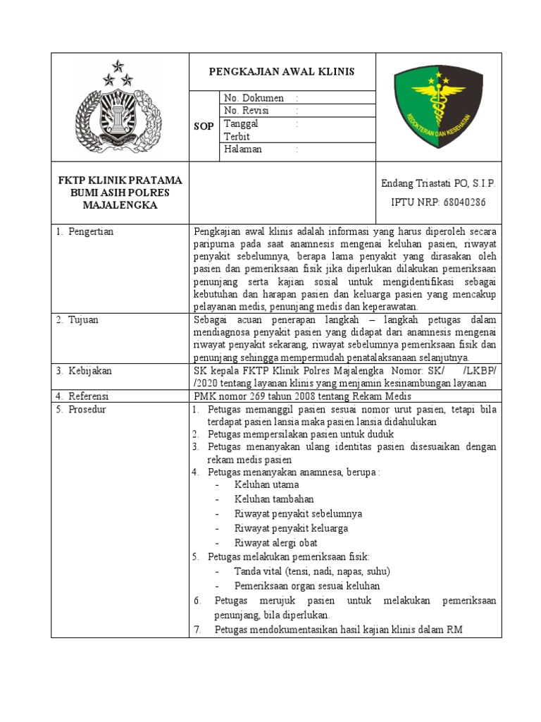 Sop Pengkajian Awal Klinis | PDF | Sains & Matematika