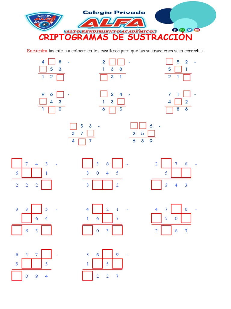 Criptogramas de Sustracción para Tercer Grado de Primaria | PDF