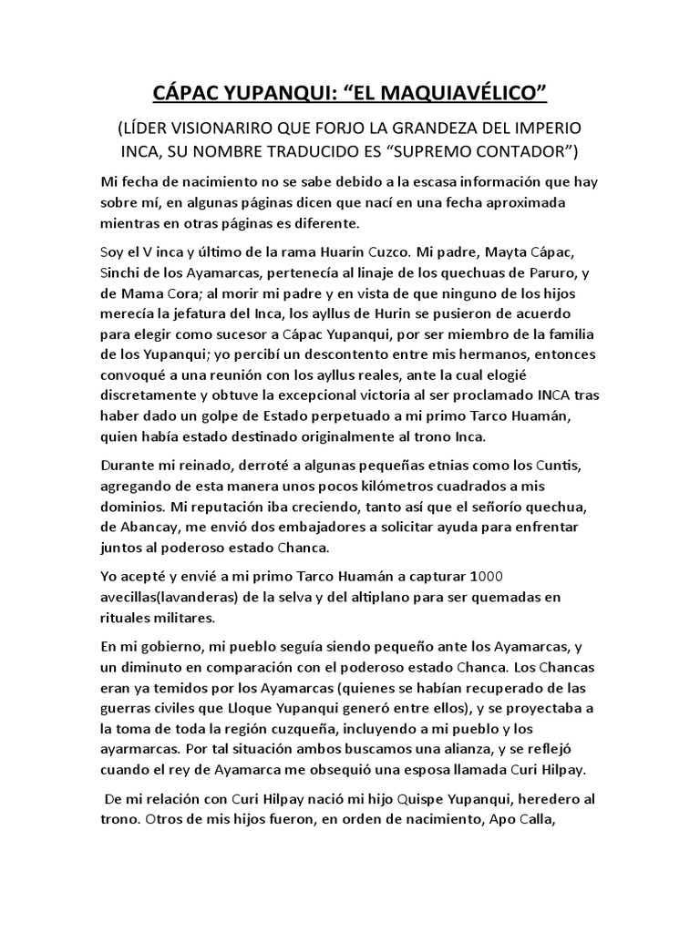 5 inca, CAPAC YUPANQUI, EL MAQUIAVELICO | PDF