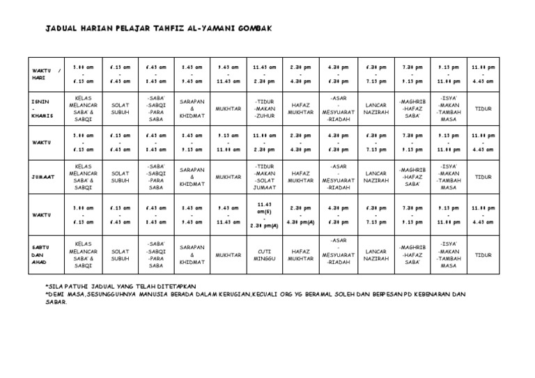 Jadual Harian Pelajar | PDF