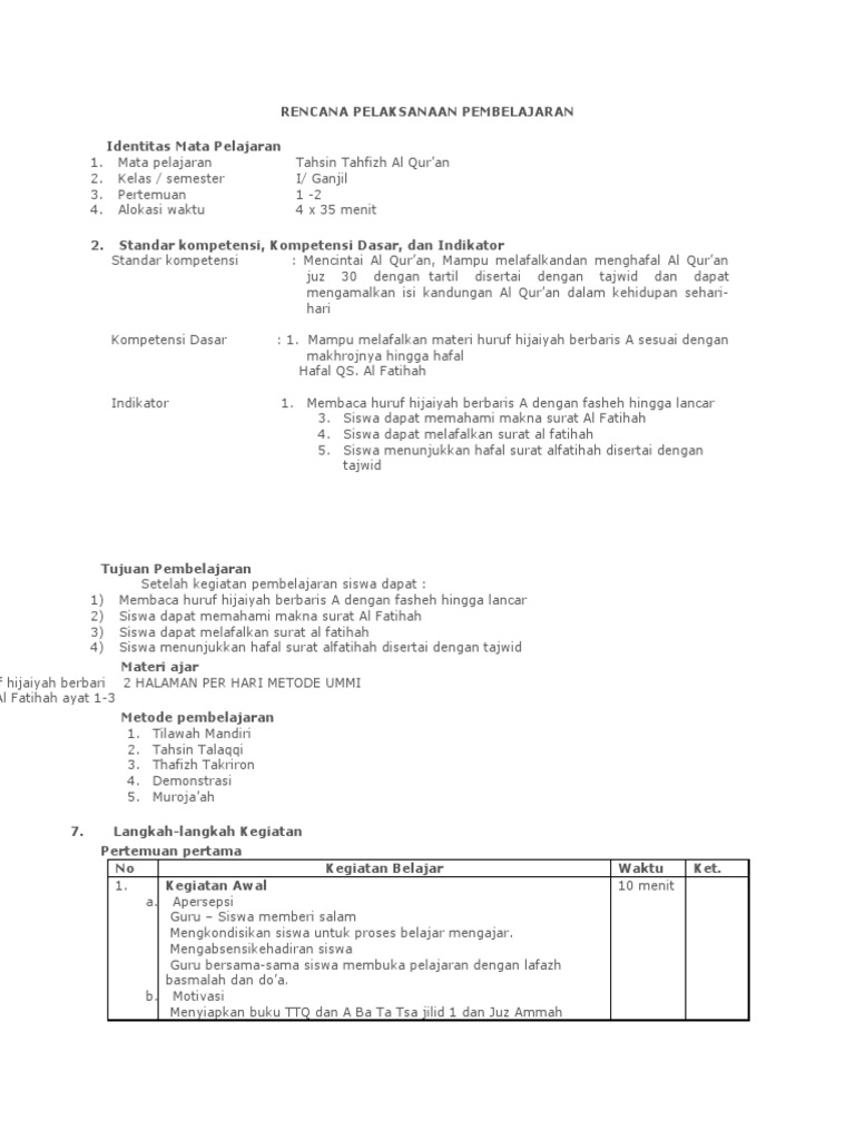 RPP Tahfidz Qur'an | PDF