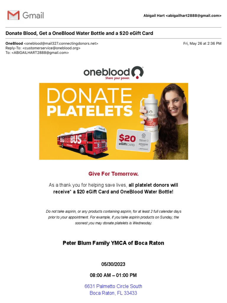 Donate Blood Get A OneBlood Water Bottle and A 20 EGift Card | PDF