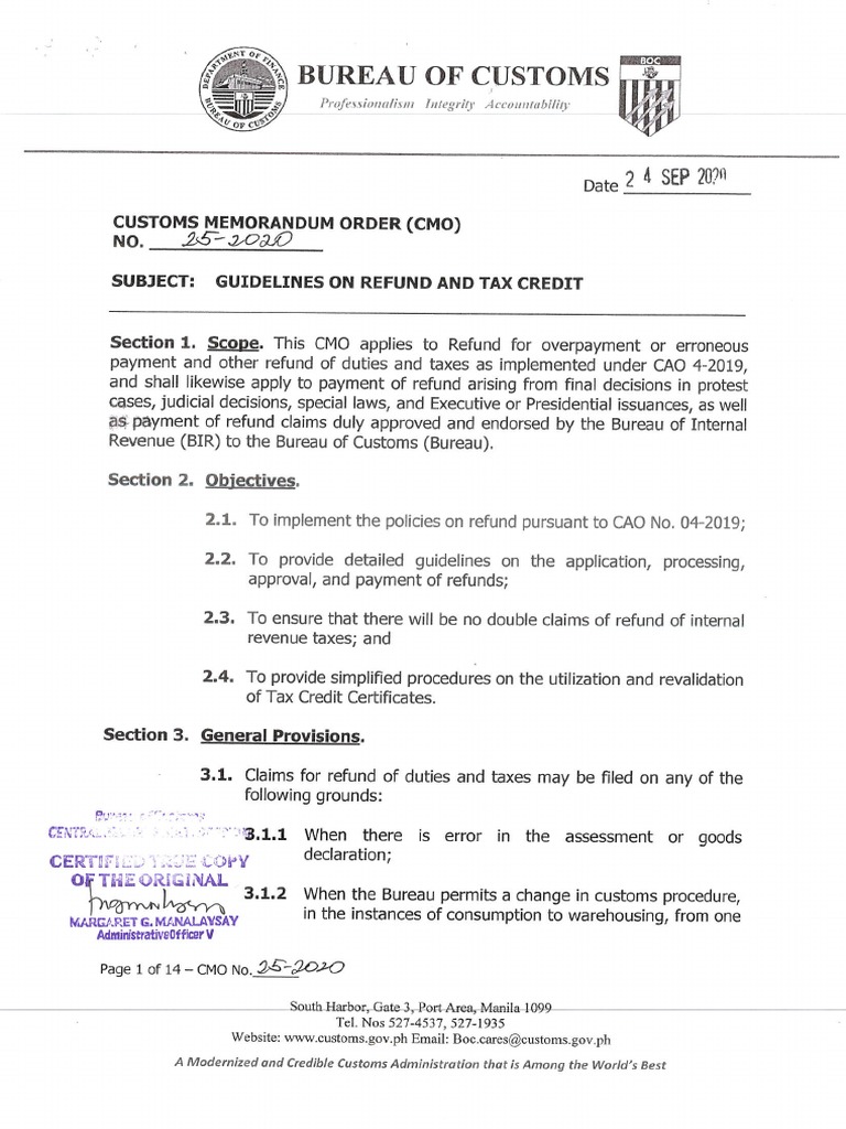 BOC Customs Memorandum Order No 25 2020 | PDF