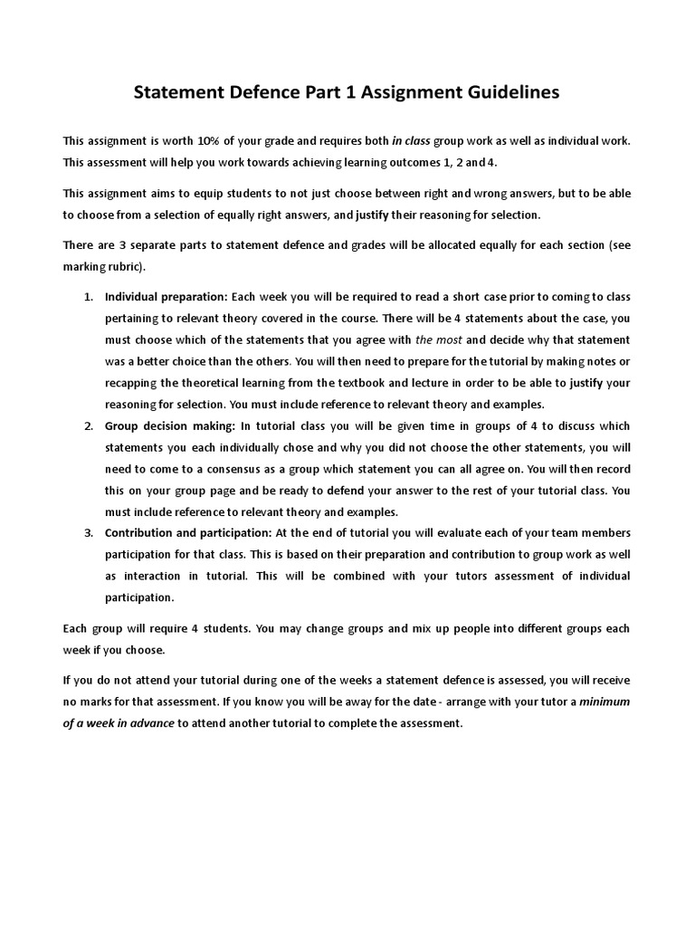 Statement Defence Part 1 Guidelines and Rubric | PDF