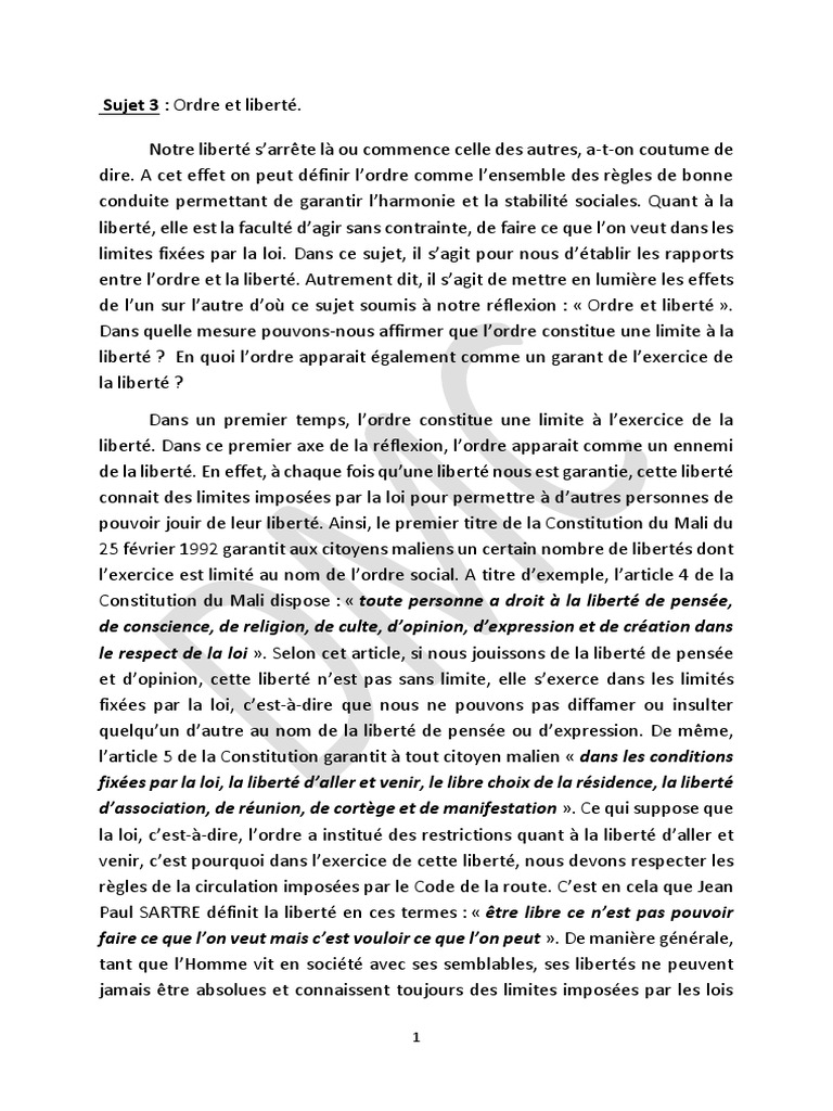 Sujet Ordre Et Liberté Traité | PDF | Liberté | Liberté d'expression