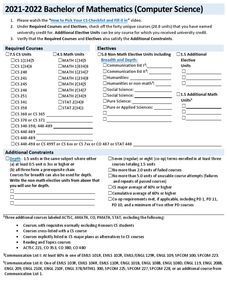Bachelor of Math CS Checklist Guide | PDF | Mathematics | Science