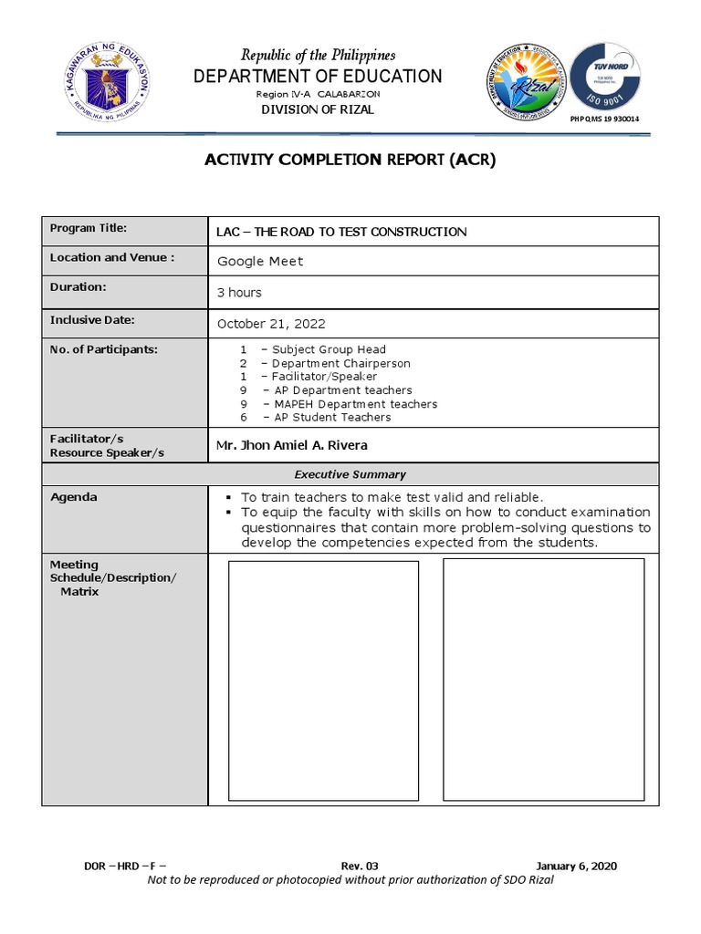 Acr AP Activity Completion Report Lac Test Construction.2 | PDF ...