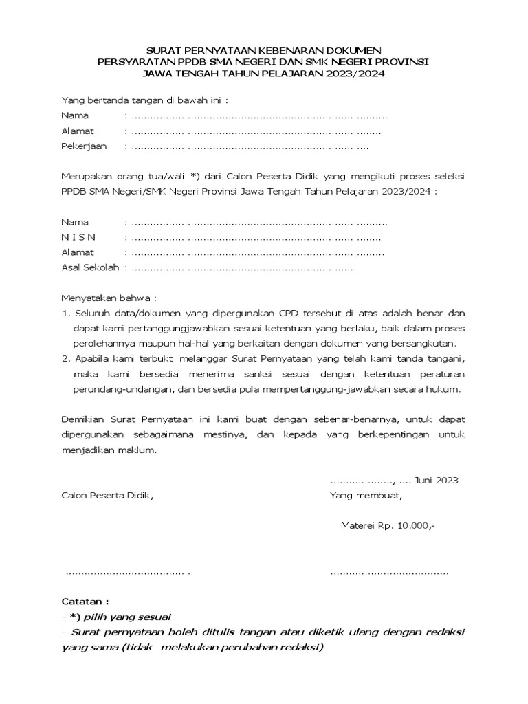 Surat Pernyataan Kebenaran Dokumen | PDF