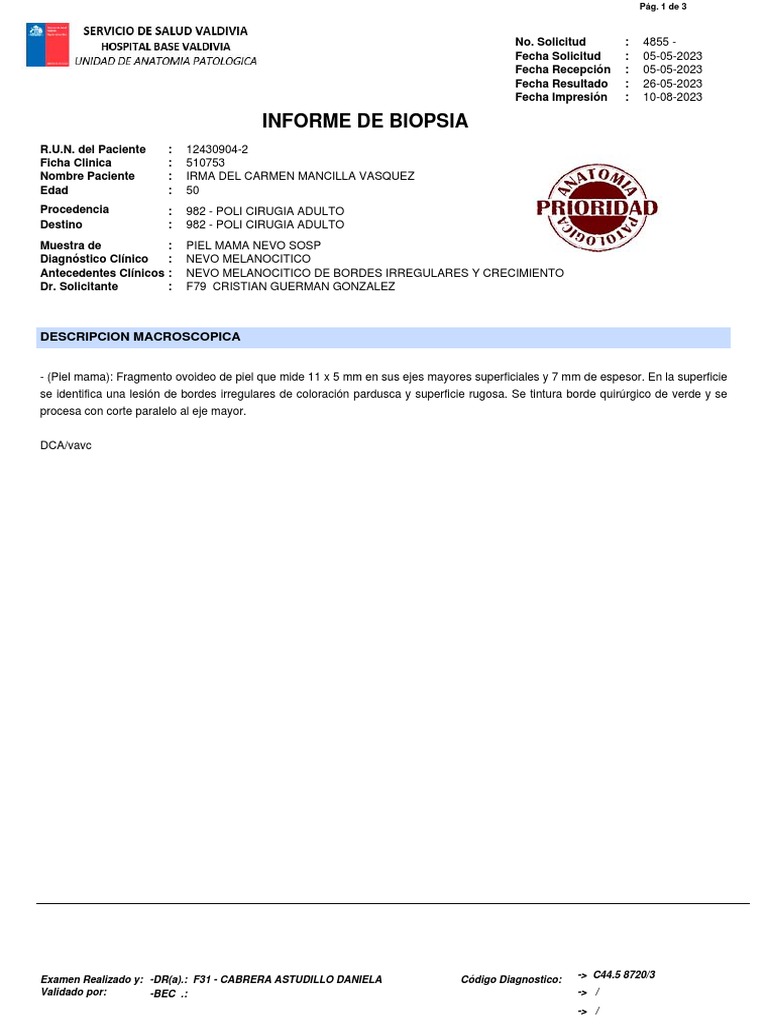 Informe de Biopsia: Descripcion Macroscopica | PDF | Piel | Cáncer de mama