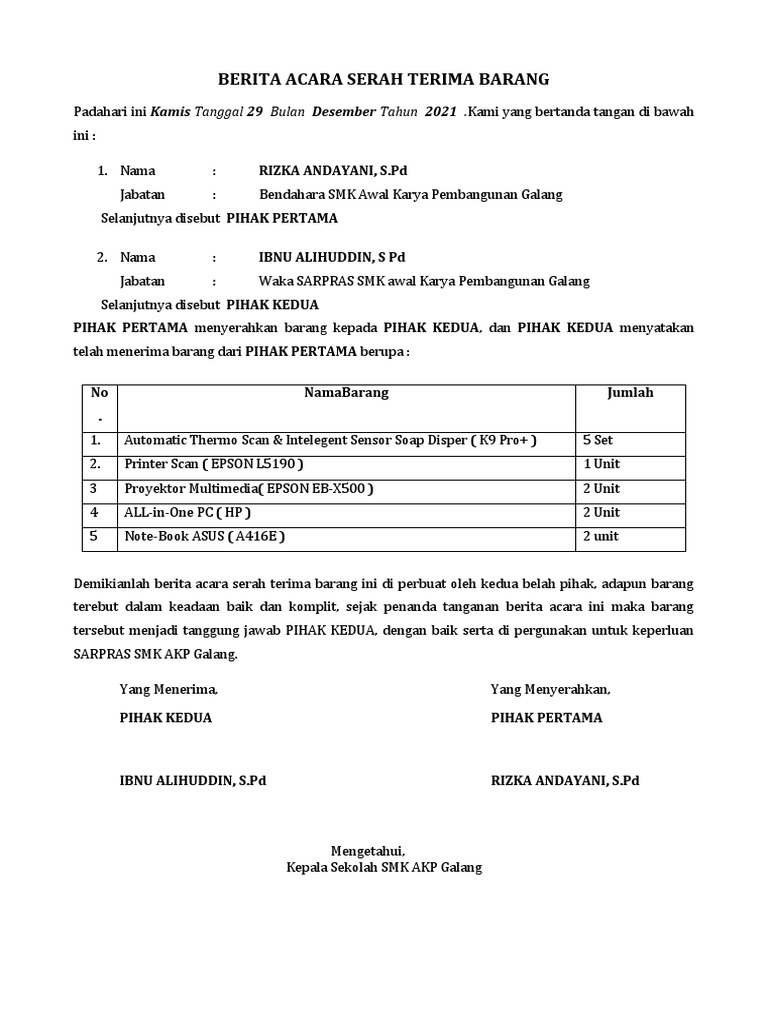 Berita Acara Serah Terima Barang SMK | PDF