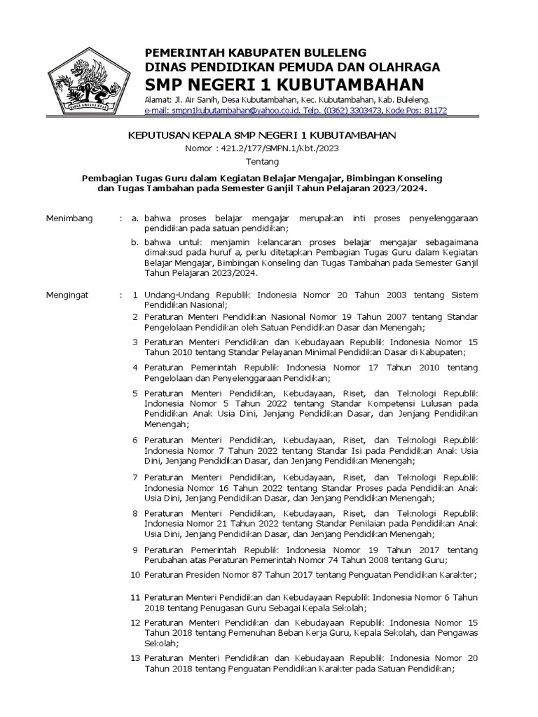 Lampiran SK Pembagian Tugas Ganjil 23 GURU | PDF