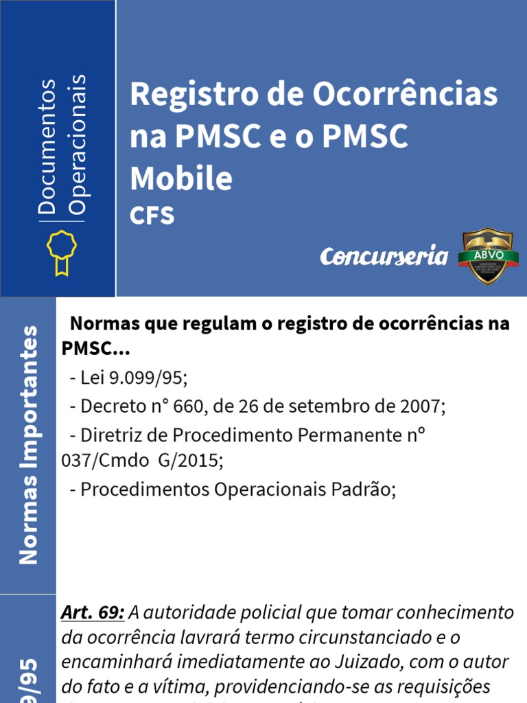 CFS Documentos Operacionais DCO Registro de Ocorrências Na PMSC e o ...