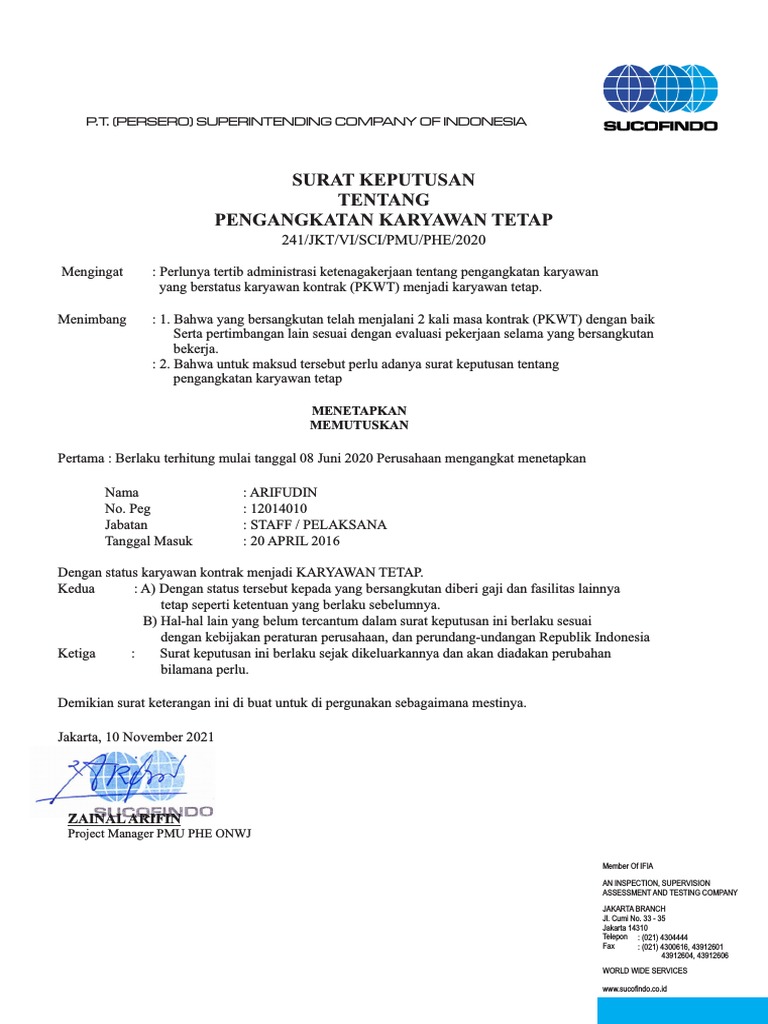 Surat Kerja Sucofindo Arifudin | PDF