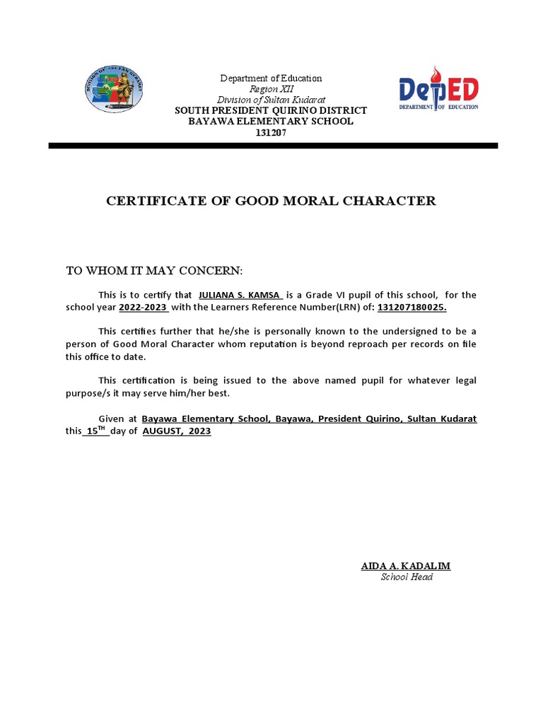 Certificate of Good Moral Charac 2 | PDF