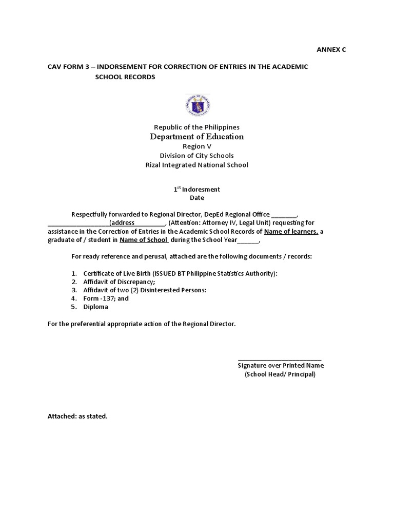 Cav Foem 3 - Indorsement For Correction of Entries in The Academic ...