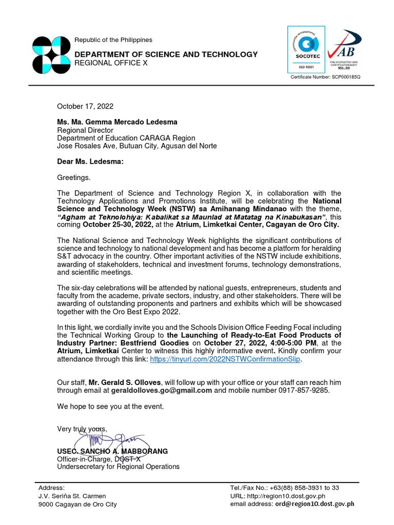 DOST 2022 NSTW Invitation RTE Launch Ms. Ledesma | PDF