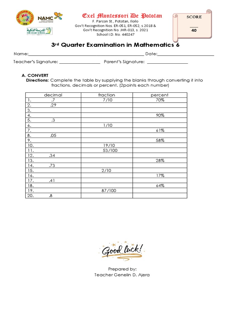 3rd Quarter Exam-Math 6 | PDF