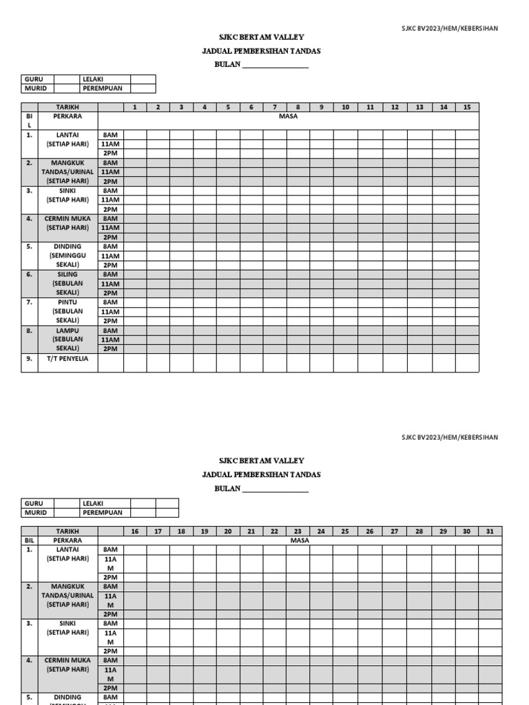 Borang Kekerapan Pencucian Tandas | PDF