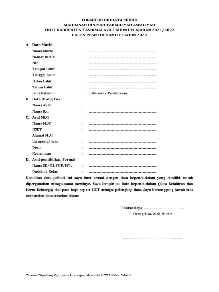 Formulir Biodata Murid Kelas 6 Ta. 2122 | PDF