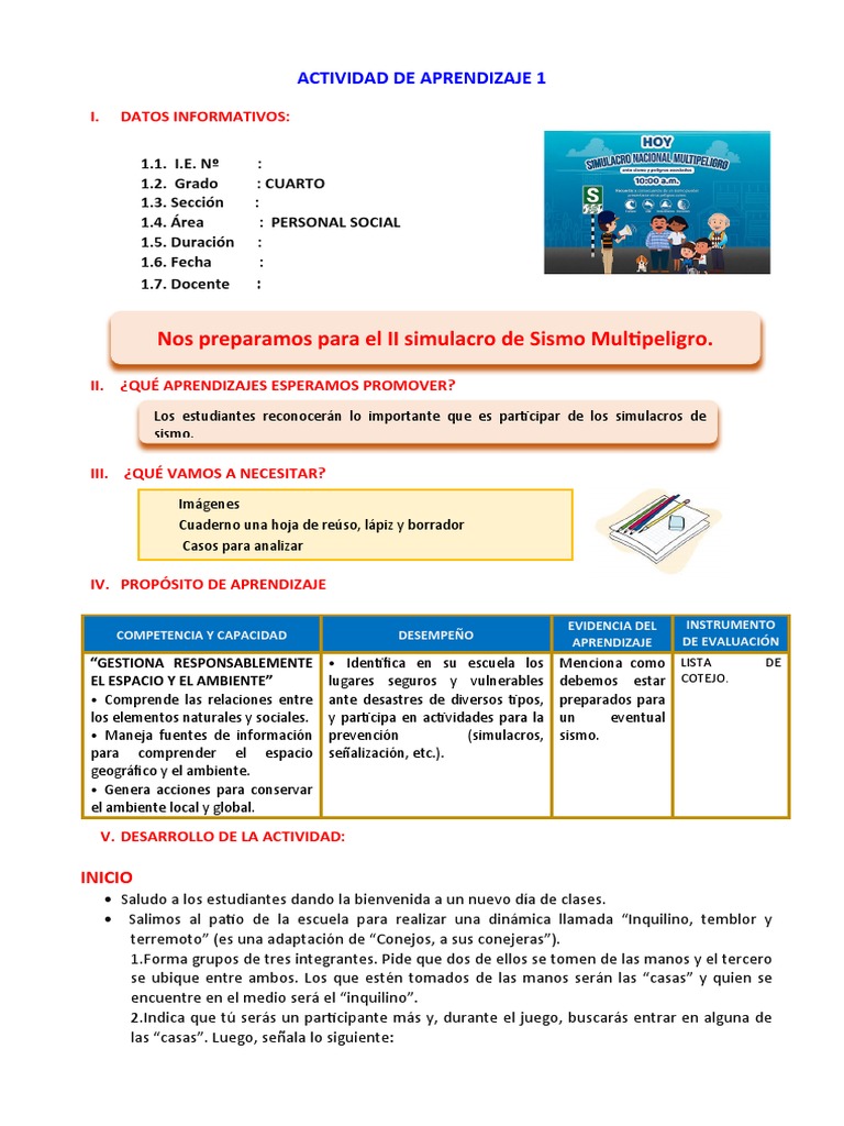 D1 A2 SESION PS. Nos Preparamos para El II Simulacro de Sismo Multipeligro. | PDF