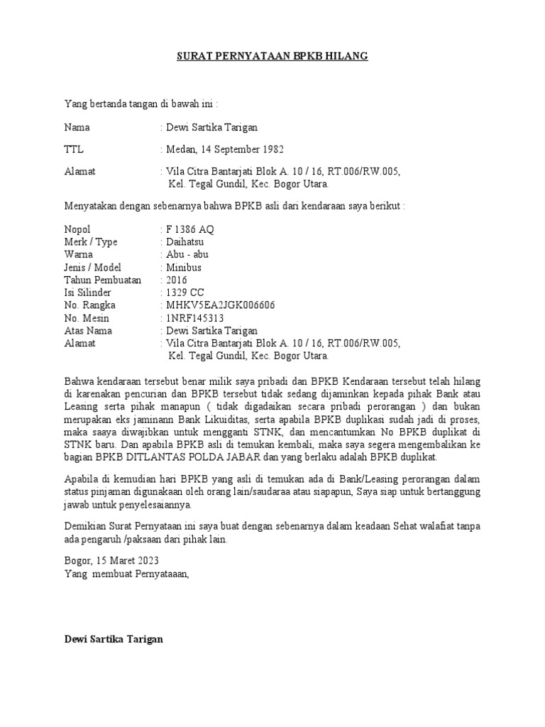 Surat Pernyataan BPKB Hilang | PDF
