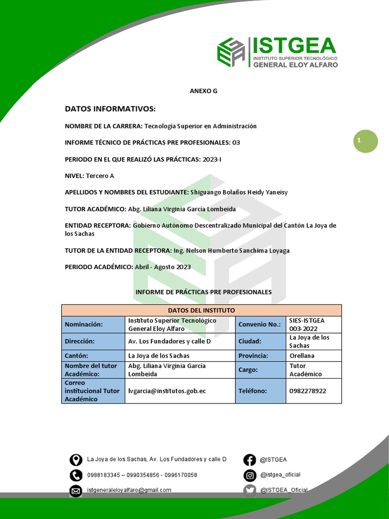 Anexo G Informe de Prácticas Sara | PDF