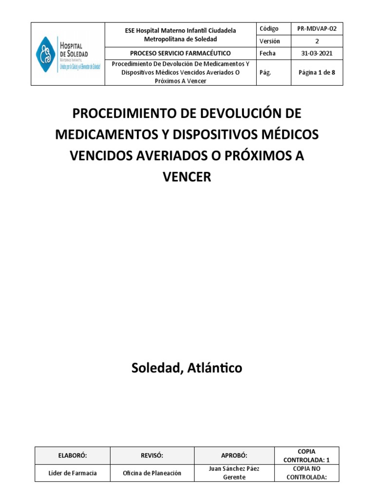 10. Procedimiento de Devolucion de Medicamentos y Dispositivos Medicos ...