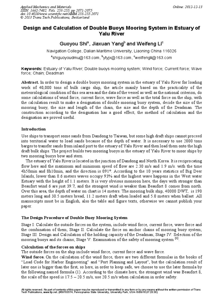 Guoyou Shi, Jiaxuan Yang and Weifeng Li: Design and Calculation of Double Buoys Mooring System ...