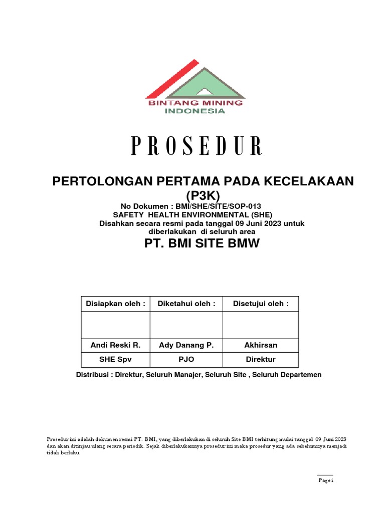 BMI-SHE-SITE-SOP-013 Pertolongan Pertama Pada Kecelakaan (P3K) | PDF