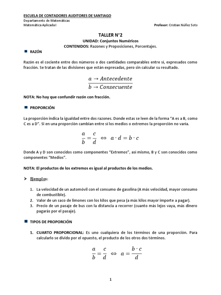 Taller N°2 - Razones y Proporciones | PDF | Porcentaje | Matemáticas