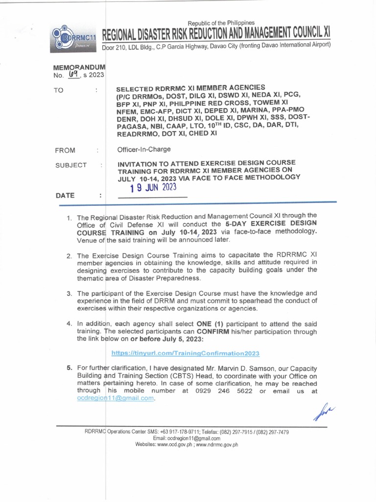 RDRRMC XI Memo 69 - Invitation to Exercise Design Course (EDC) Training ...