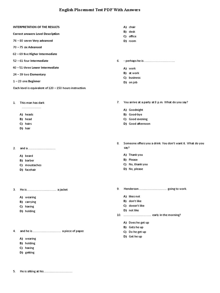 English Placement Test with Answers | PDF
