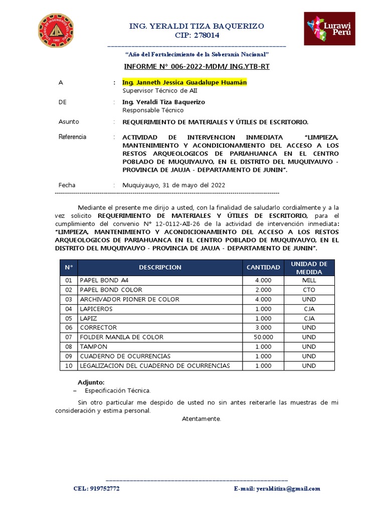 Informe N°006 - Req. Utiles de Escritorio | PDF