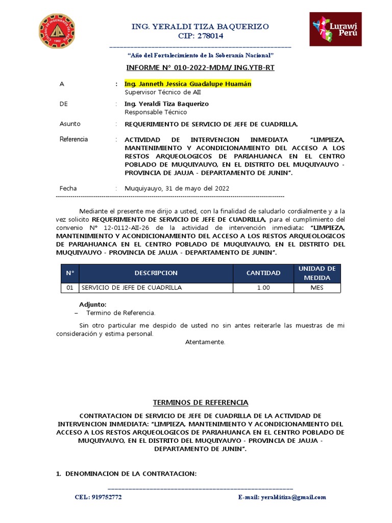 Informe N°010 - Req. Jefe de Cuadrilla | PDF