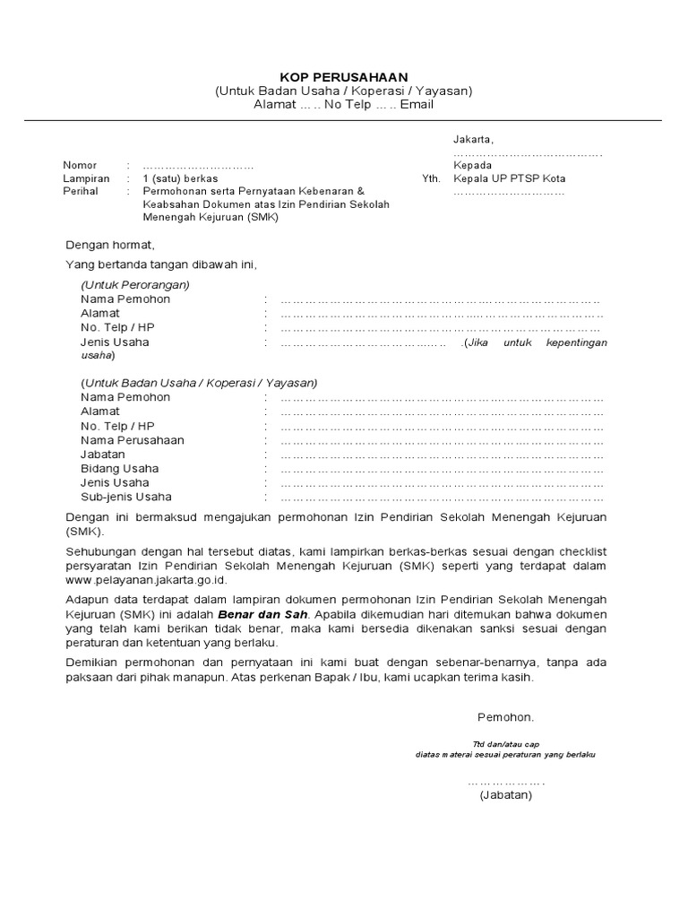 Formulir Ijin Pendirian SMK | PDF